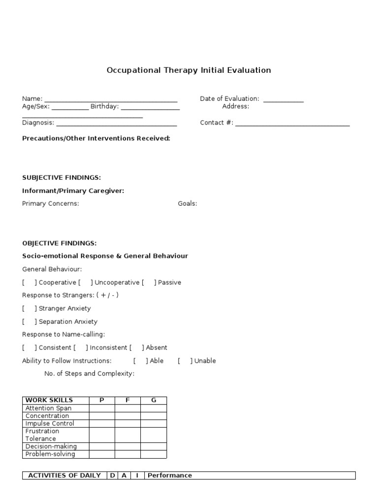 Occupational Therapy Initial Evaluation: Precautions/Other ...