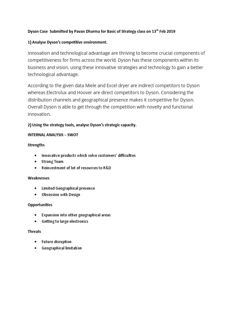 Dyson Case Submitted by Pavan Dharma For Basic of Strategy Class On ...