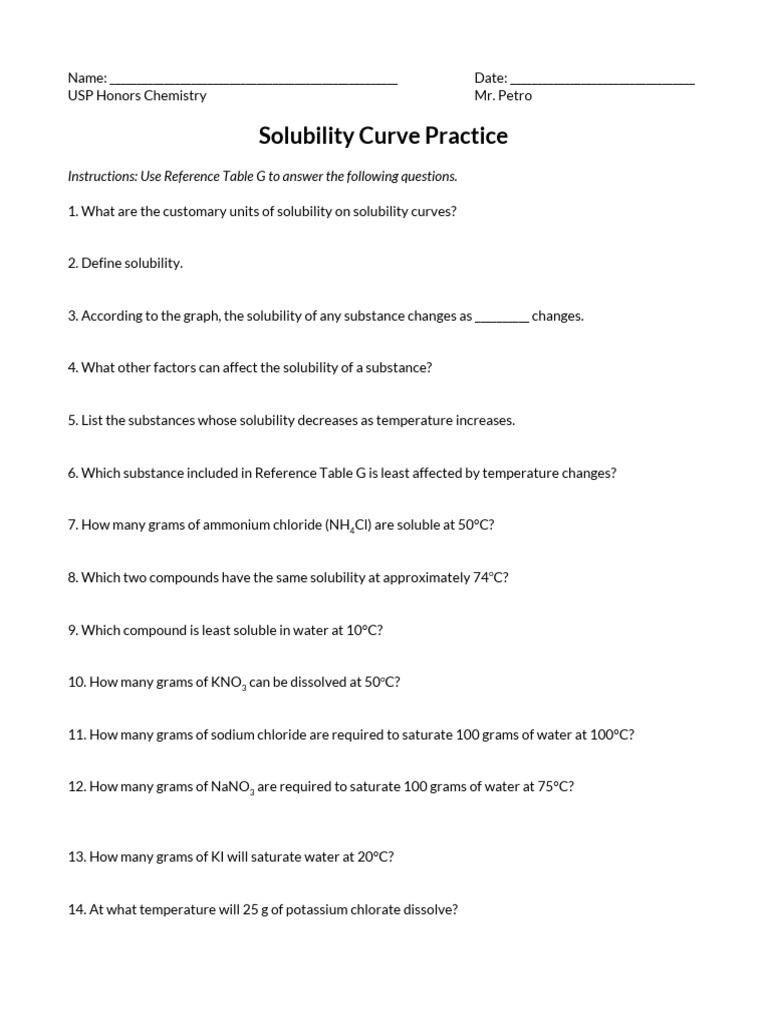 Solubility Curve Practice Worksheet | PDF