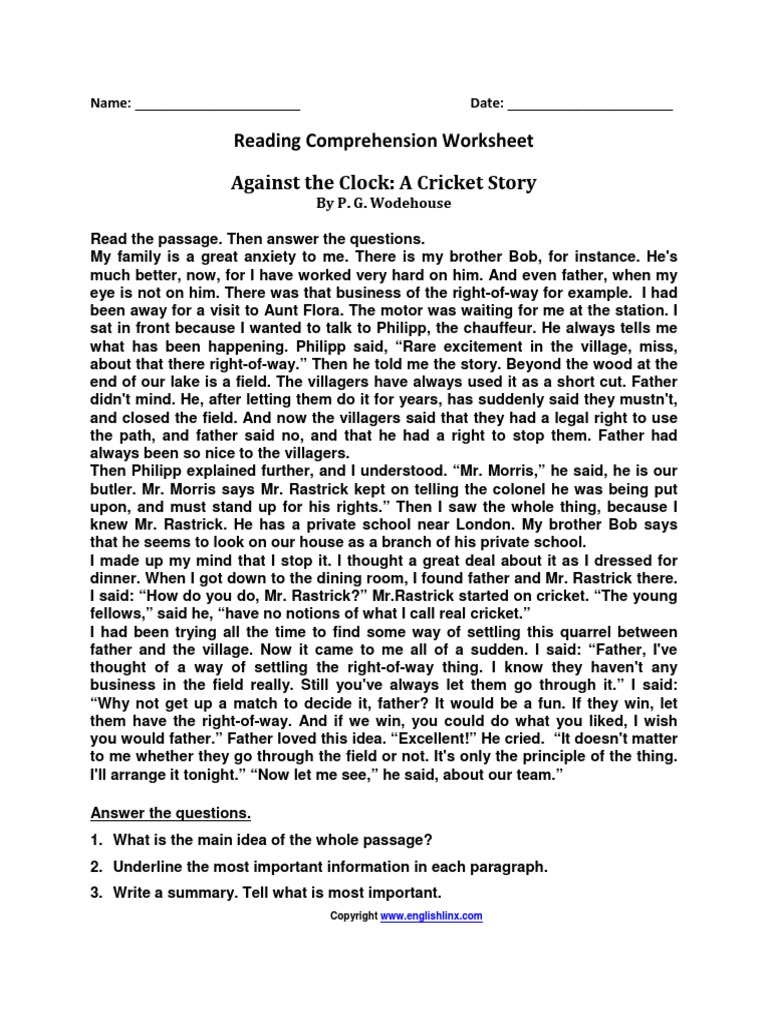 Reading Comprehension Worksheet Against The Clock: A Cricket Story ...