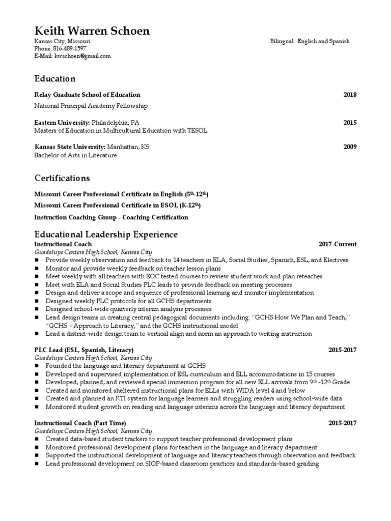 Keith Schoen Resume 2020 | Download Free PDF | English As A Second Or ...