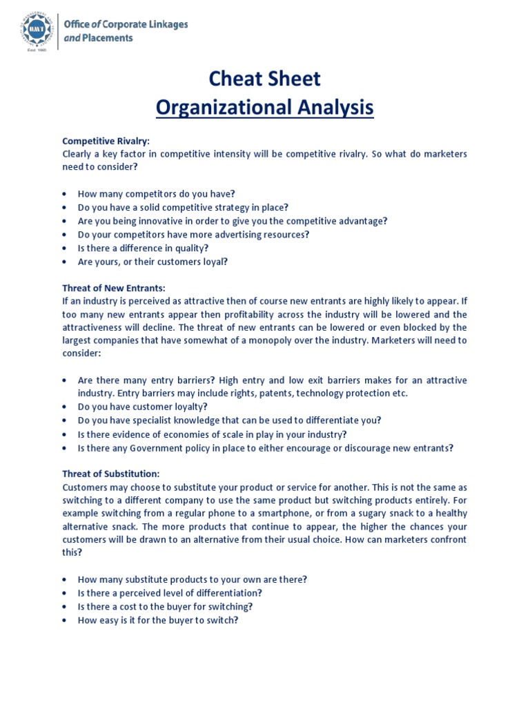 Cheat Sheet (Organizational Analysis) | PDF | Competition | Marketing