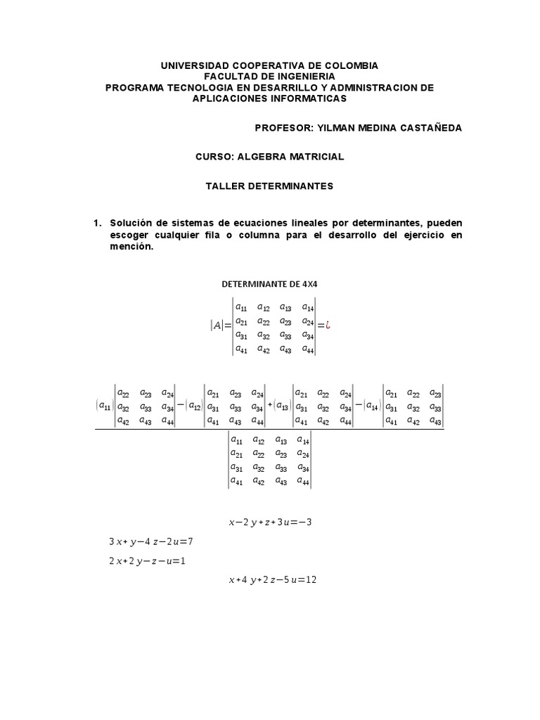 Taller Determinantes 4x4-Cramer | PDF | Álgebra | Objetos matemáticos