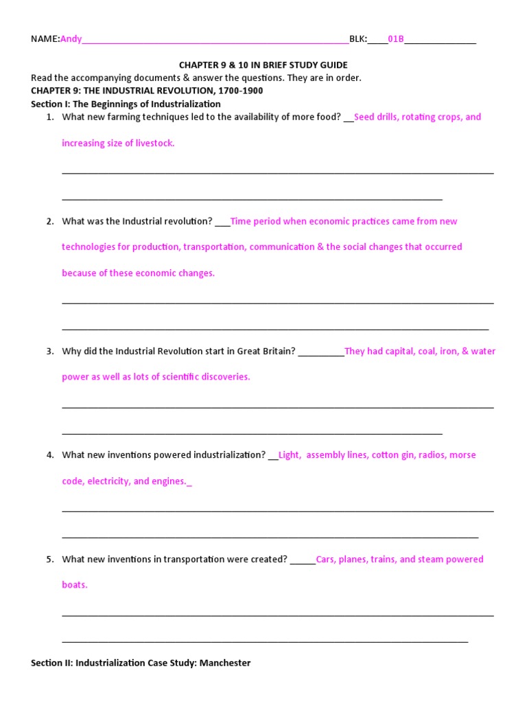 Chapter 9 & 10 in Brief Study Guide Chapter 9: The Industrial ...