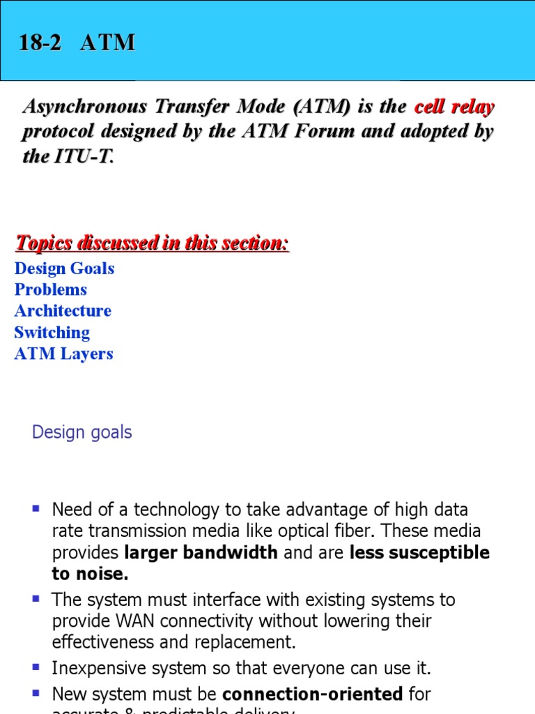 Asynchronous Transfer Mode (ATM) Is The Protocol Designed by The ATM Forum and Adopted by The ...