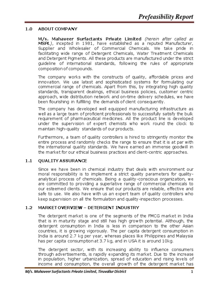 Prefeasibility Report: MSPL), Incepted in 1981, Have Established As A Reputed Manufacturer | PDF ...