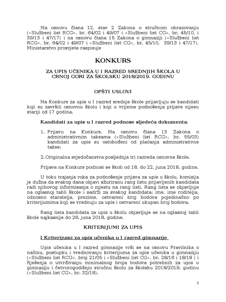 Konkurs Za Upis Ucenika U Prvi Razred Srednje Skole Za Skolsku 2018 2019 Godinu | PDF