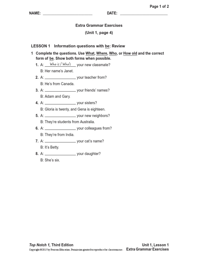 Extra Grammar Exercises (Unit 1, Page 4) : Top Notch 1, Third Edition | PDF | Syntactic ...