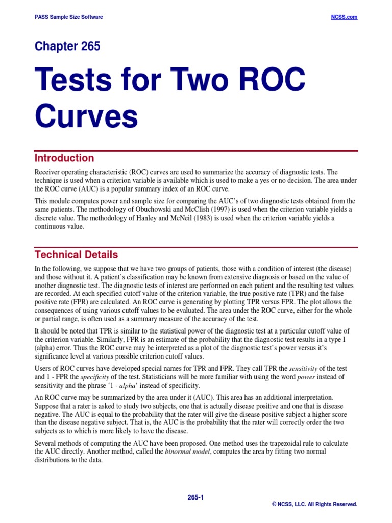Tests For Two ROC Curves: PASS Sample Size Software | Download Free PDF ...