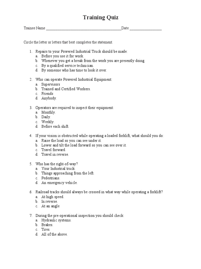 Powered Industrial Truck Operator Certification Training Quiz | PDF ...