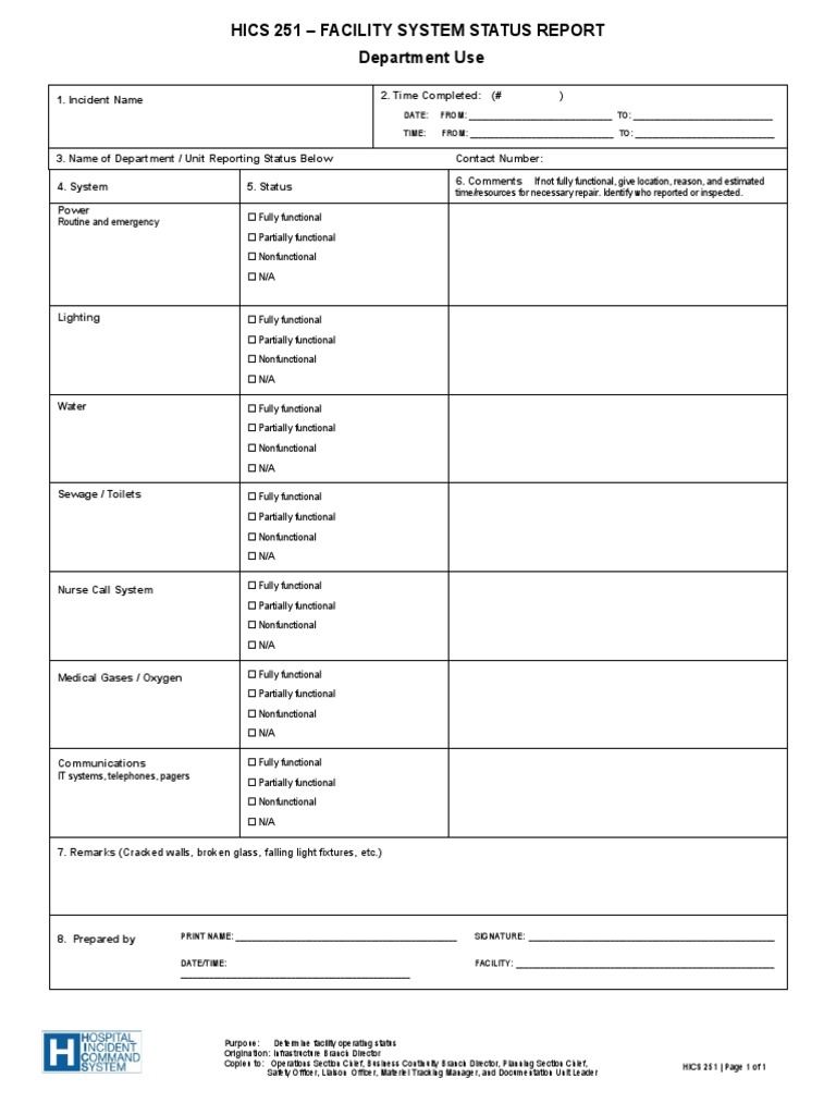 HICS 251 Facility System Status Report | PDF | Nature