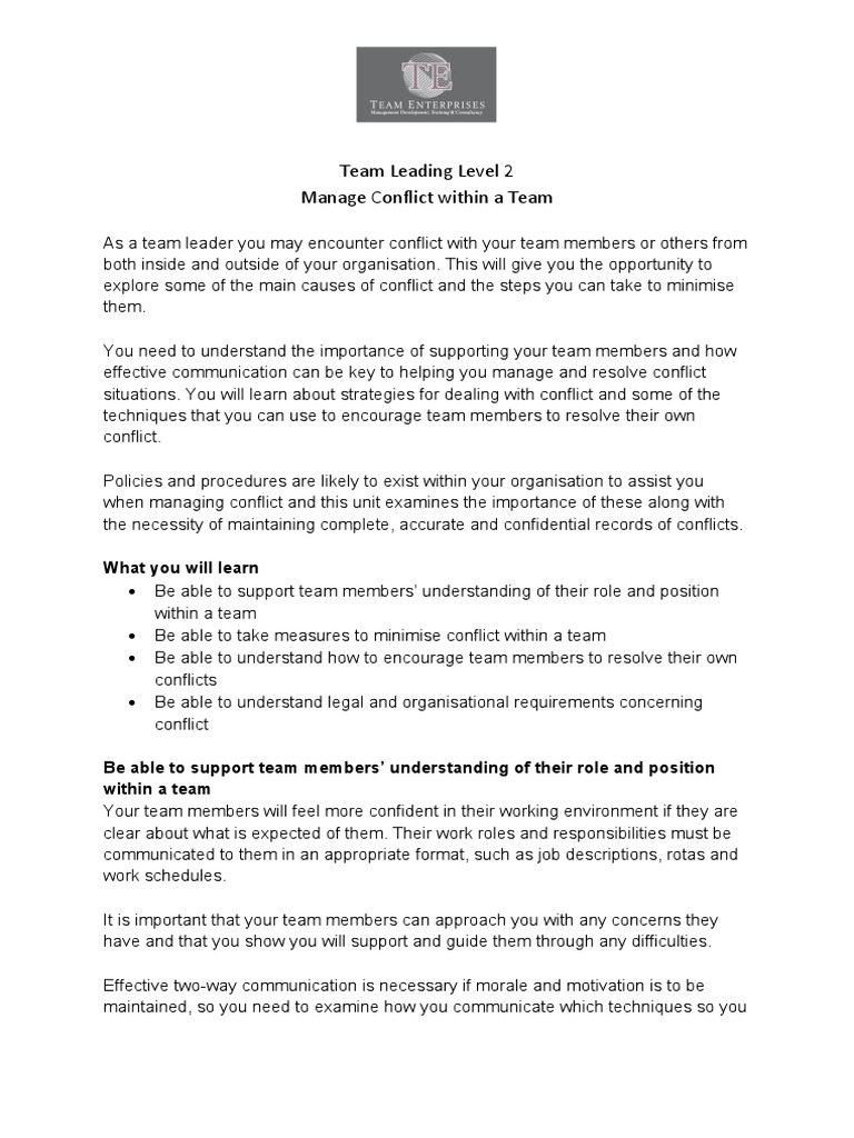 Team Leading Level 2 Manage Conflict Within A Team: What You Will Learn ...