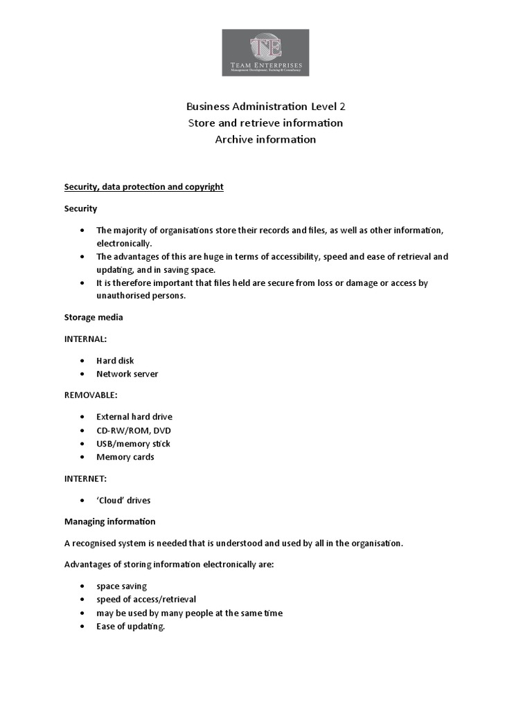 Business Administration Level 2 Store and Retrieve Information Archive ...