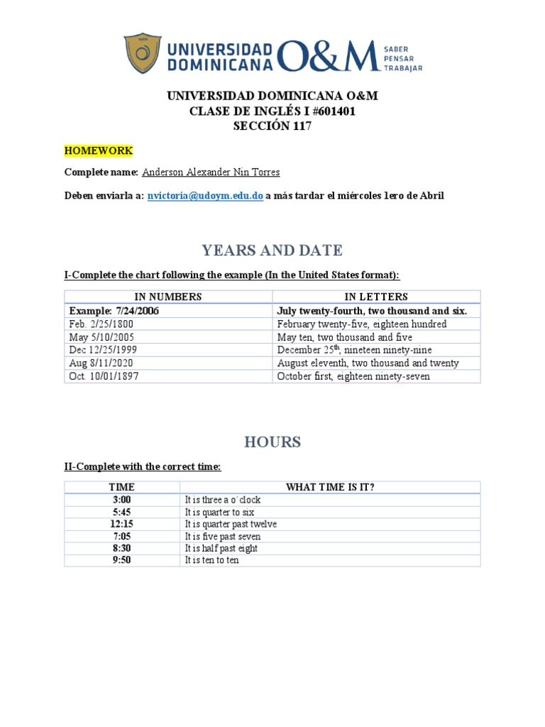 English Homework: Dates and Times | PDF