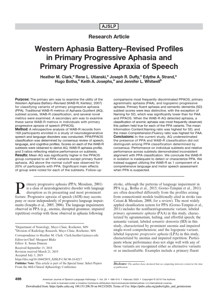Western Aphasia Battery-Revised Profiles in Primary Progressive Aphasia ...