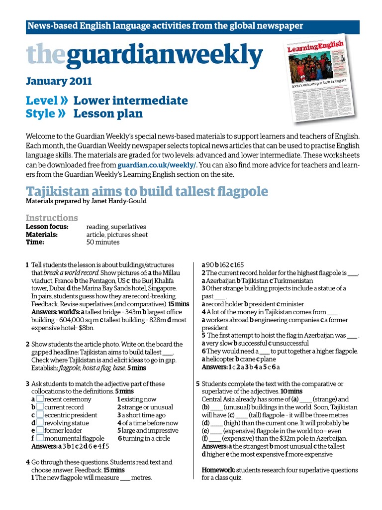 January 2011 Guardian Weekly Lower Intermediate Level Worksheets | PDF ...