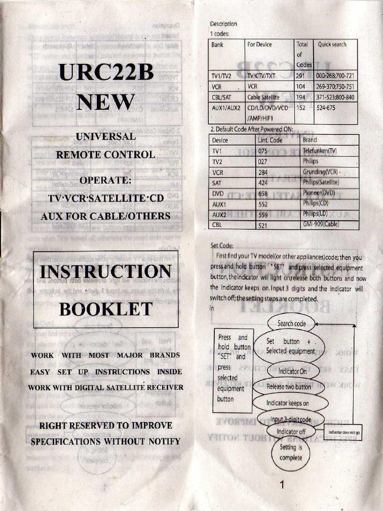 URC22B Universal Remote Control Instruction Booklet PDF | PDF