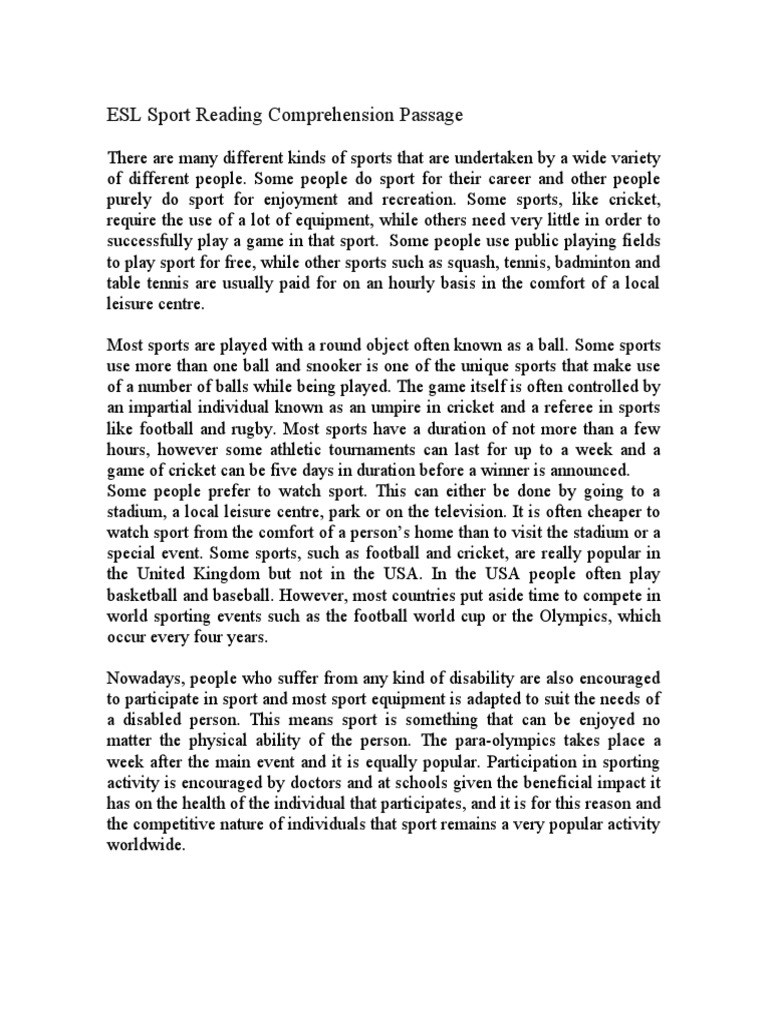 Sports Reading Comprehension for ESL | PDF | Sports | Cricket