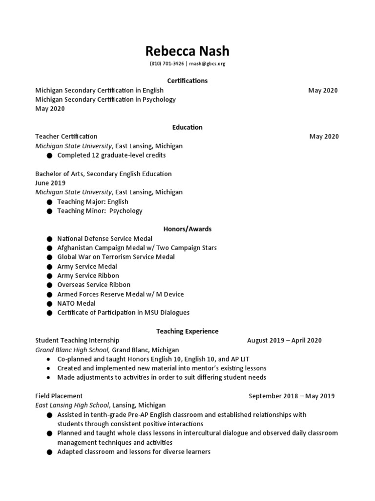 Nashrebecca Resume 1 1 1 1 1 | PDF | Michigan State University | Classroom