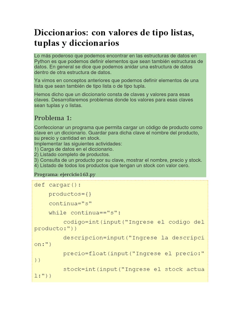 Diccionarios Con Valores de Tipo Listas, Tuplas y Diccionarios | PDF ...