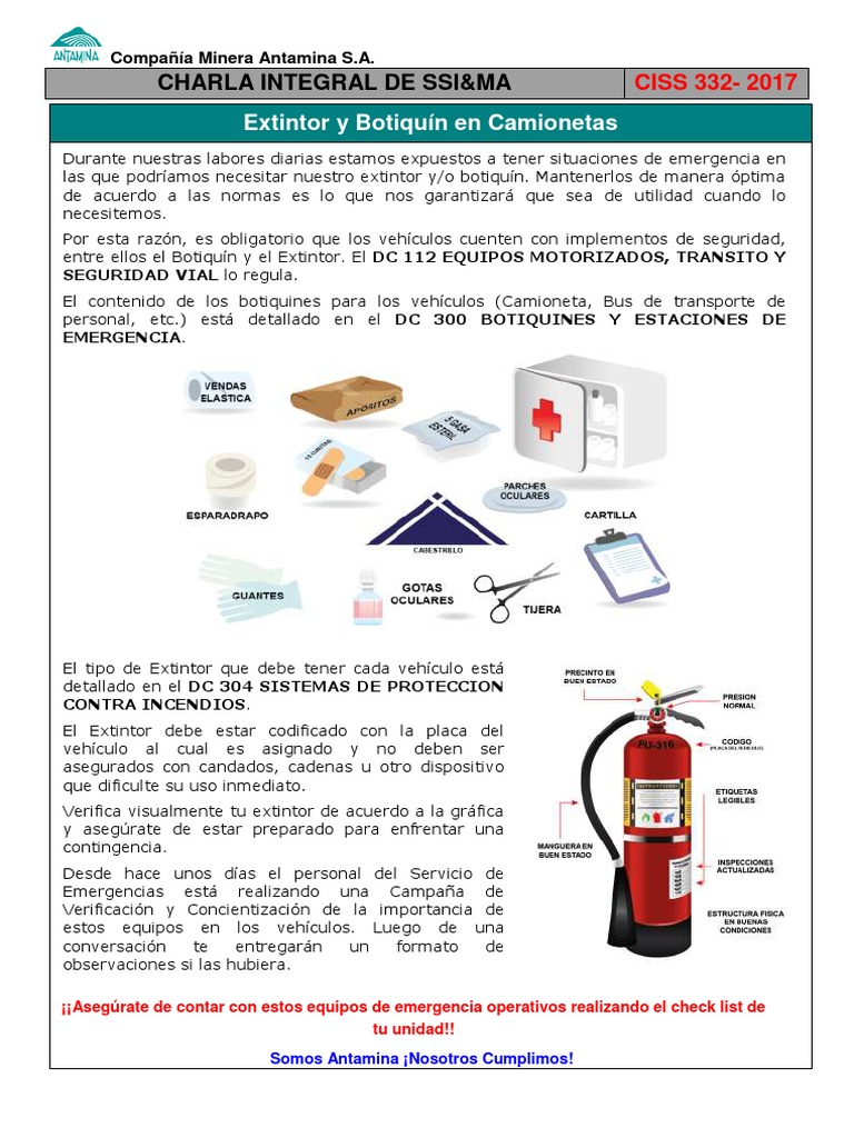 Charla Integral SSIMA 332 Extintor y Botiquin en Camionetas | PDF