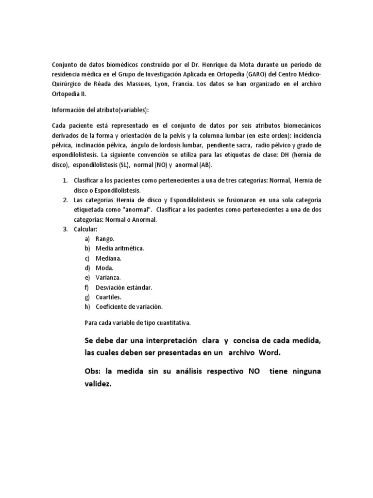 Conjunto - de - Datos - Biomedicos - Ortopedia. Estadistica | PDF