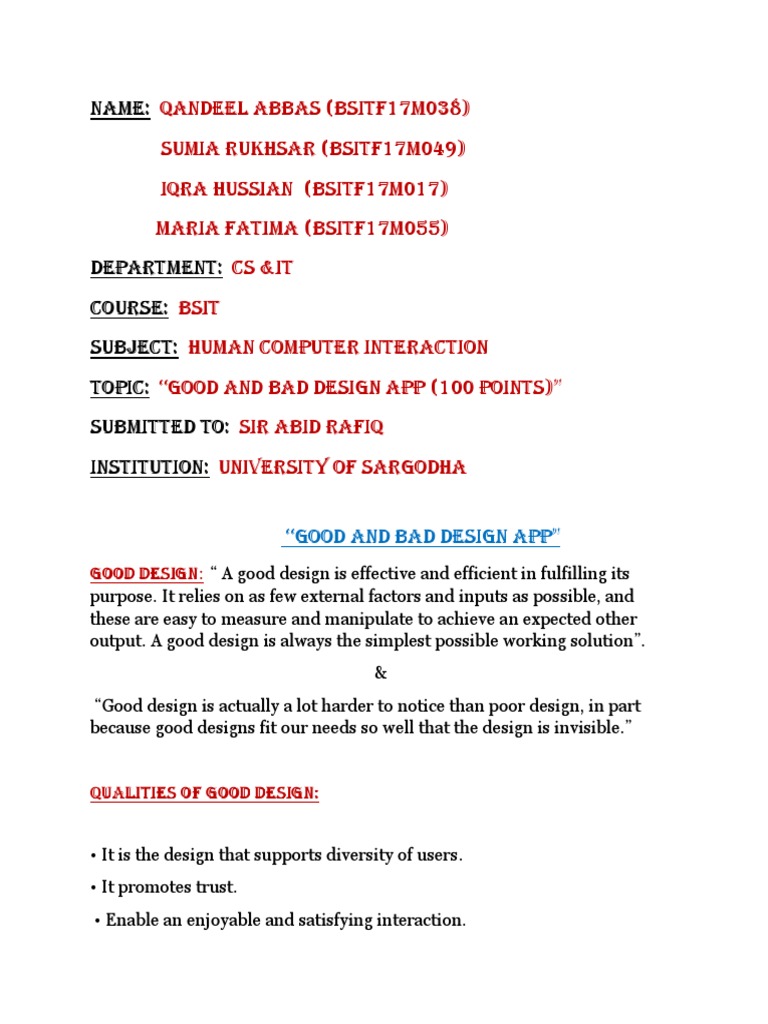 Good and Bad Design Assignment | PDF | Computing And Information Technology