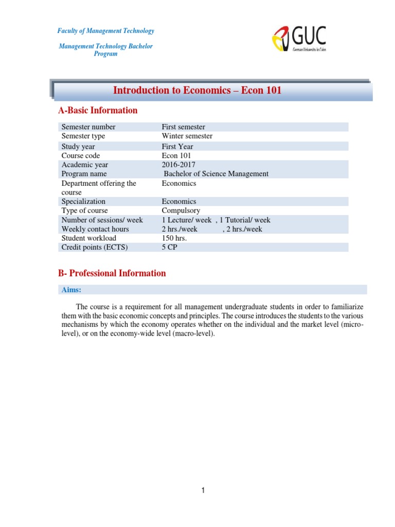 Economics Course Outline | PDF | Bachelor's Degree | Economic Model