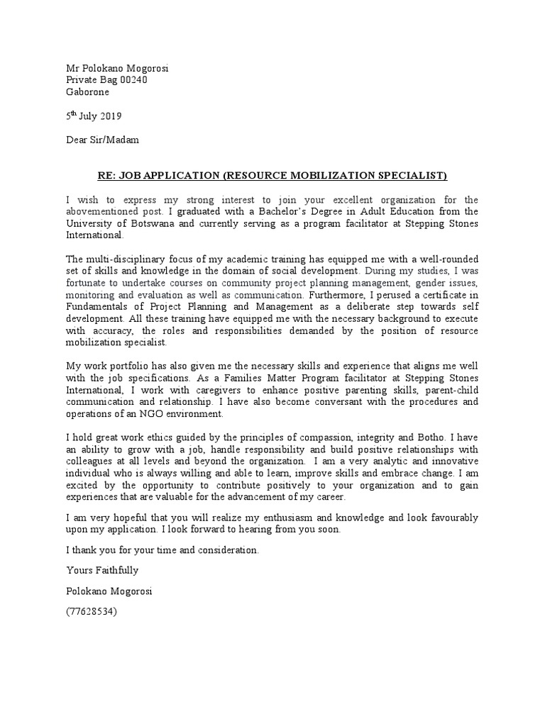 Resource Mobilization Specialist - Cover Letter | PDF