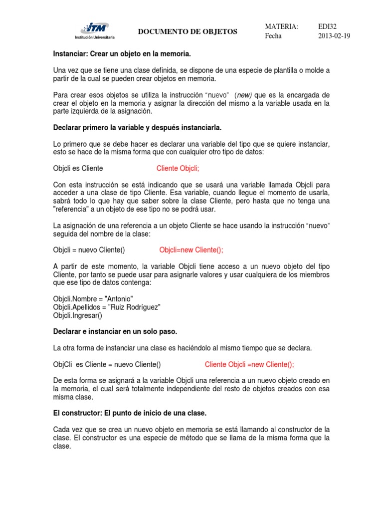 Documento de Objetos | PDF | Objeto (informática) | Constructor (Programación Orientada a Objetos)