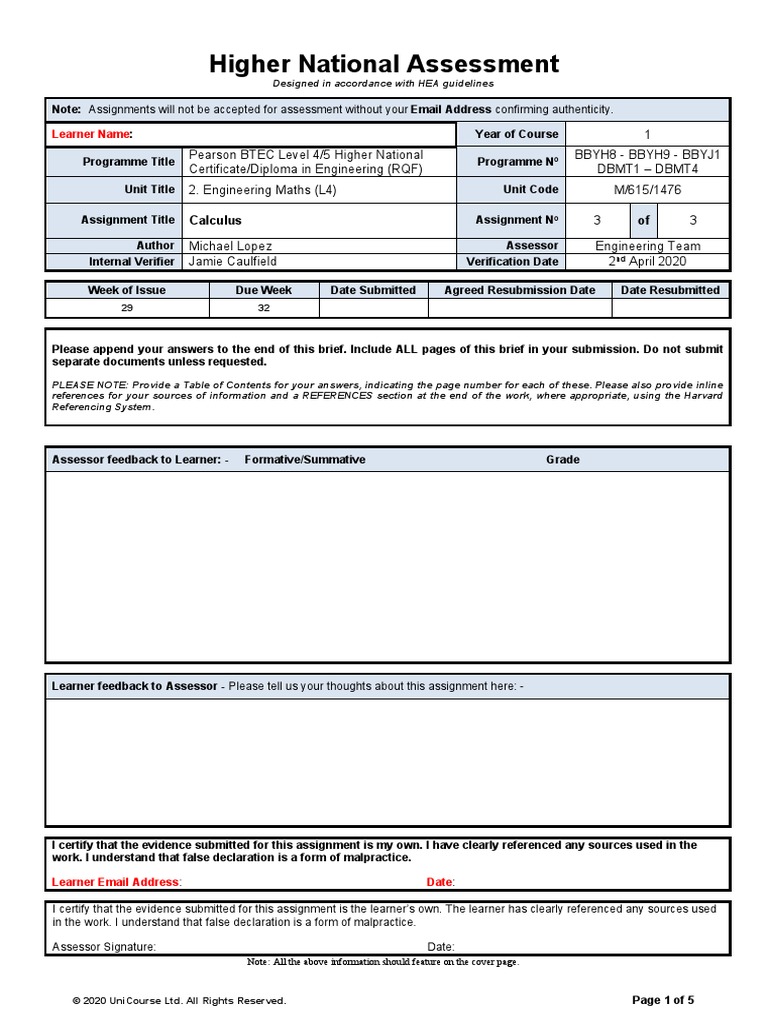 Higher National Assessment: Calculus of | PDF | Derivative | Integral