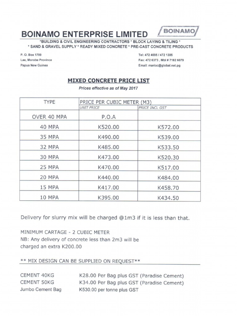 Mixed Concrete Prices 010517 - Boinamo PDF | PDF