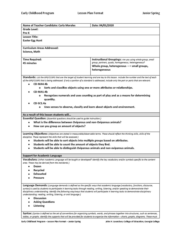 Early Childhood Program Lesson Plan Format Junior Spring | PDF | Lesson ...