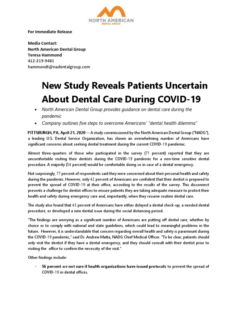 NADG Press Release Survey | PDF | Dentist | Patient