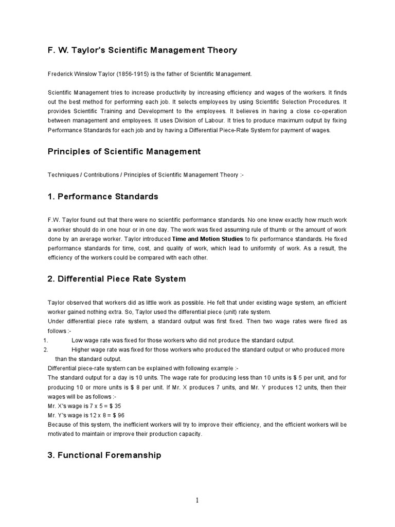 Taylor Scientific Management Theory | PDF | Piece Work | Business