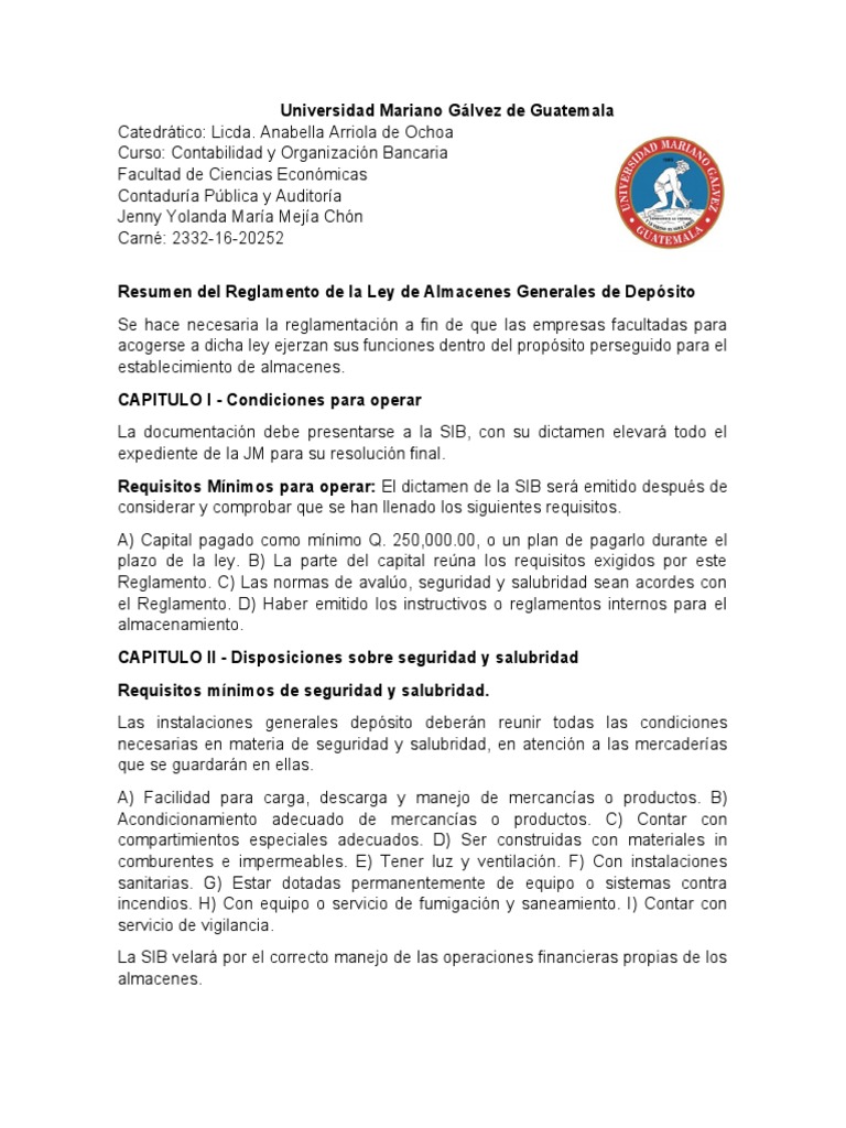 Resumen-Reglamento de La Ley de Almacenes Generales de Depósito. JM ...