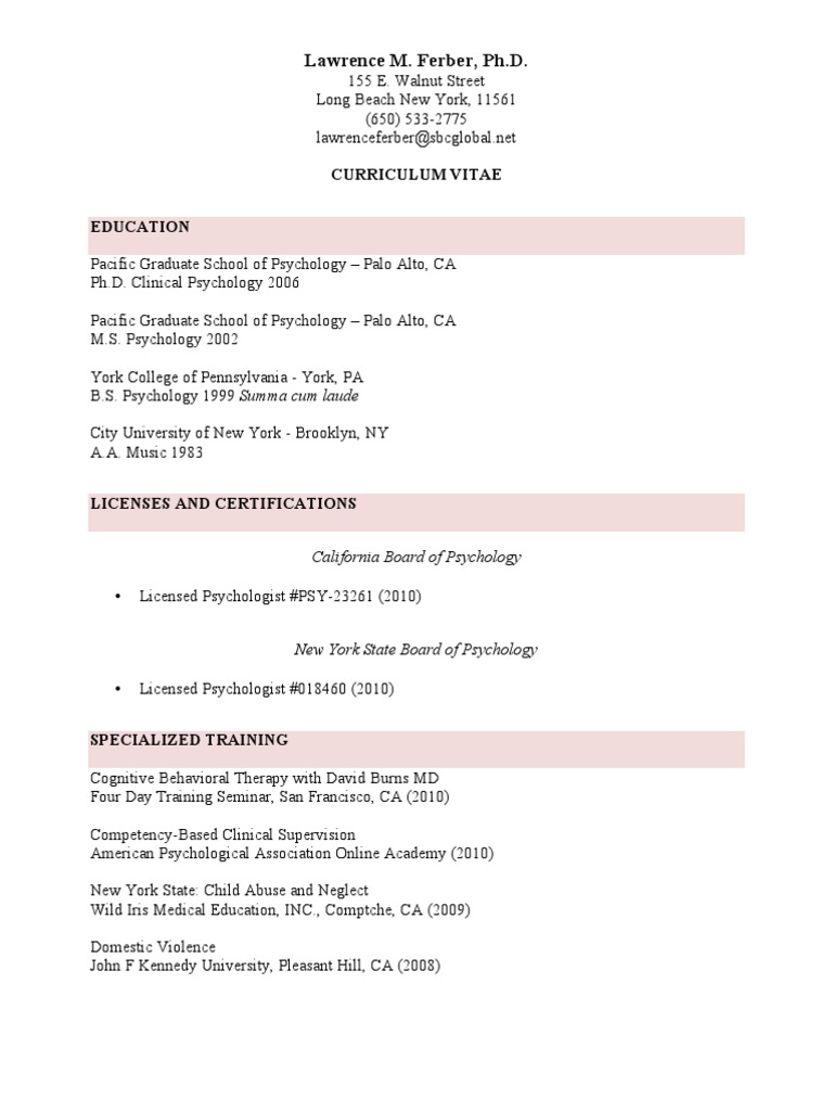 Lawrence M. Ferber, PH.D.: Curriculum Vitae Education | PDF | Psychotherapy | Clinical Psychology
