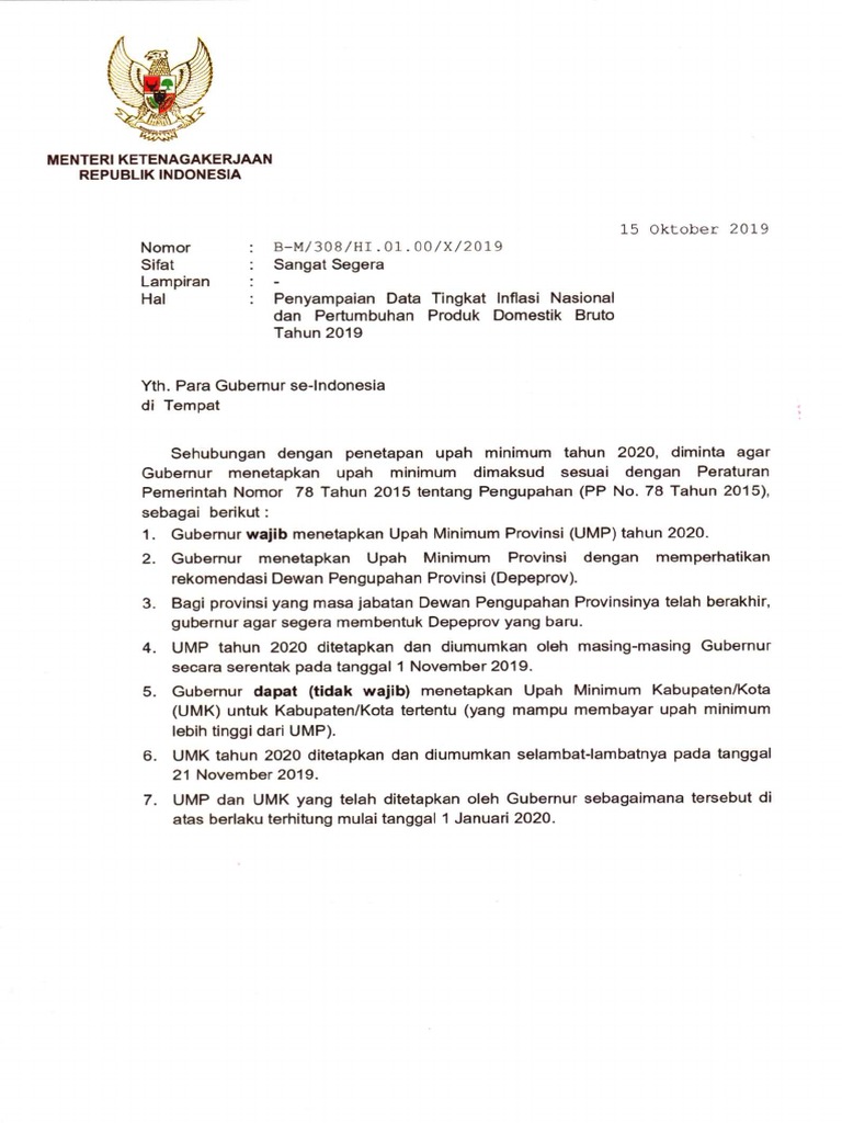 Surat Edaran Menteri Ketenagakerjaan No B M 308 HI.01.00 X 2019 PDF | PDF Surat Edaran Menteri Ketenagakerjaan No B M 308 HI.01.00 X 2019 PDF | PDF
