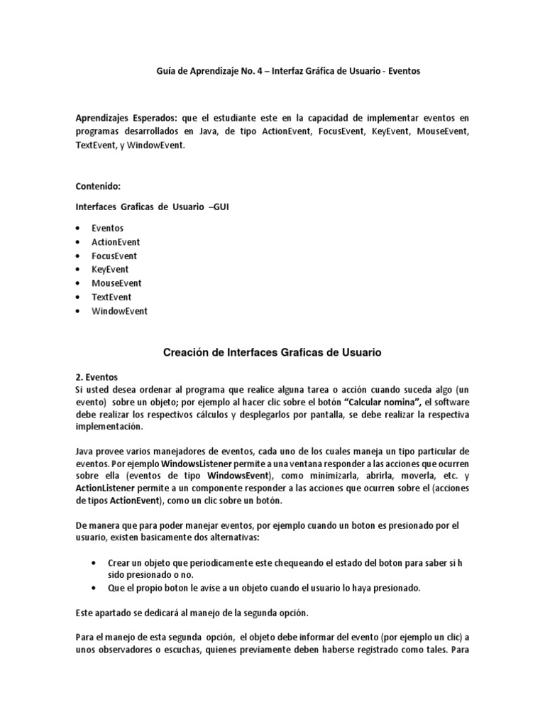 Manejo de eventos en interfaces gráficas de usuario en Java | PDF | Java (lenguaje de ...