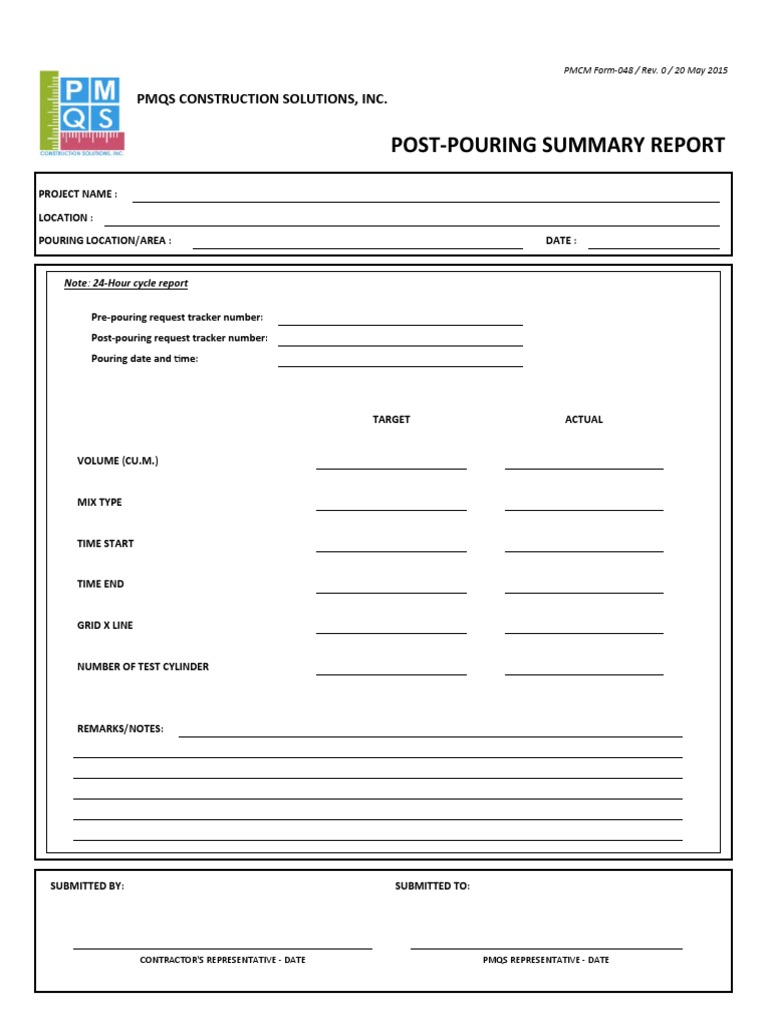 PMCM Form-048 Post-Pouring Summary Report | PDF