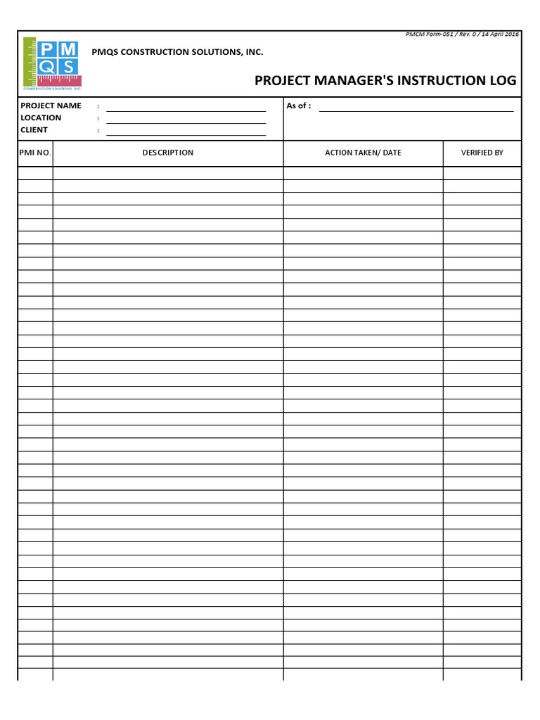 PMCM Form-051 PMI Log