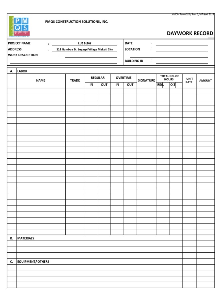 Daywork Record Form for Construction | PDF