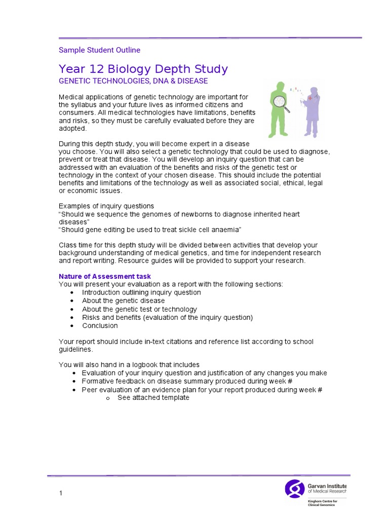 Year 12 Biology Depth Study: Sample Student Outline | PDF | Genetic ...