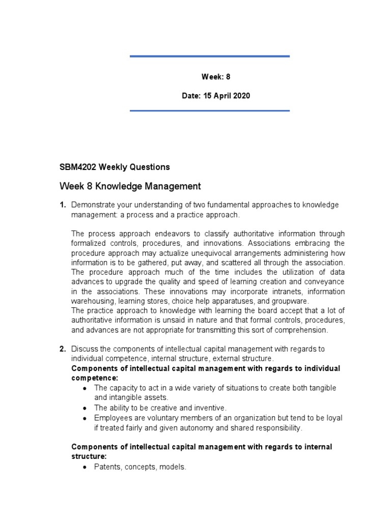 Week 8 Knowledge Management: SBM4202 Weekly Questions | PDF | Knowledge ...