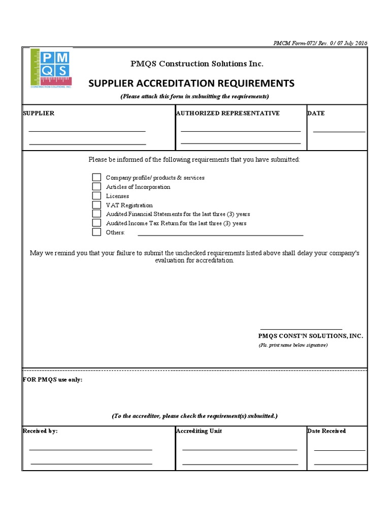PMCM Form-072 Supplier Accreditation Form | PDF