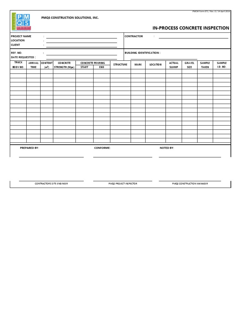 PMCM Form-071 In-Process Concrete Inspection | PDF