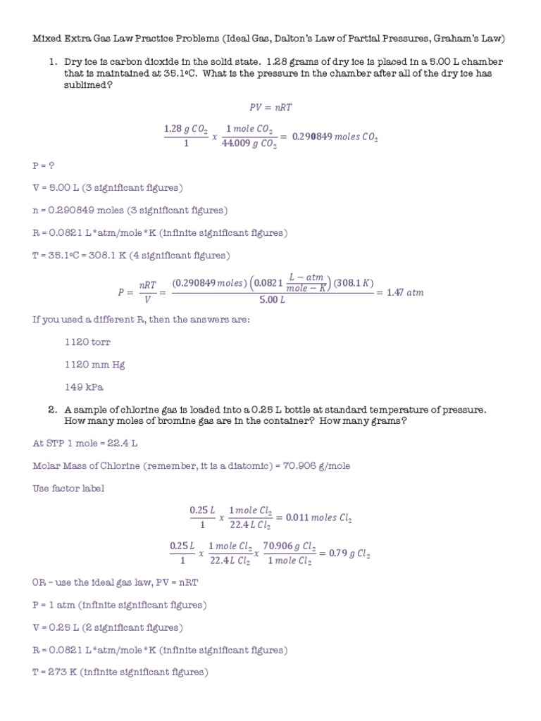 Mixed Gas Law Practice Problems | PDF | Gases | Mole (Unit)