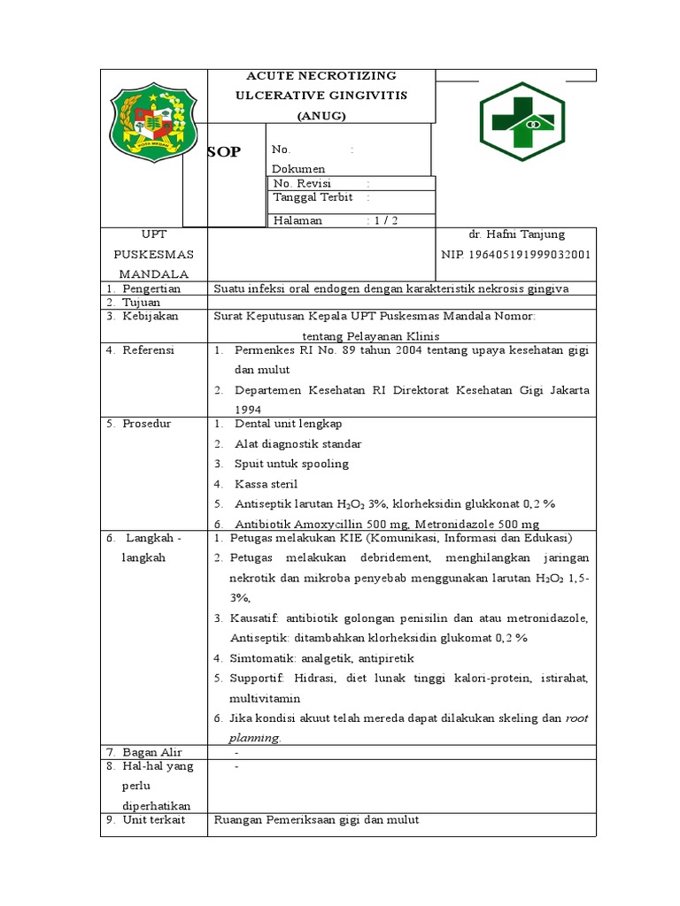 Sop Acute Necrotizing Ulcerative Gingivitis (Anug) | PDF