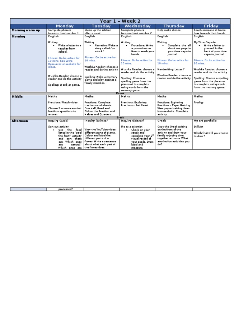 Weekly Timetable Week 2