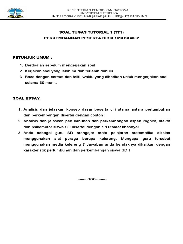 Soal TT1 MKDK 4002 Peserta Didik 2020 | PDF
